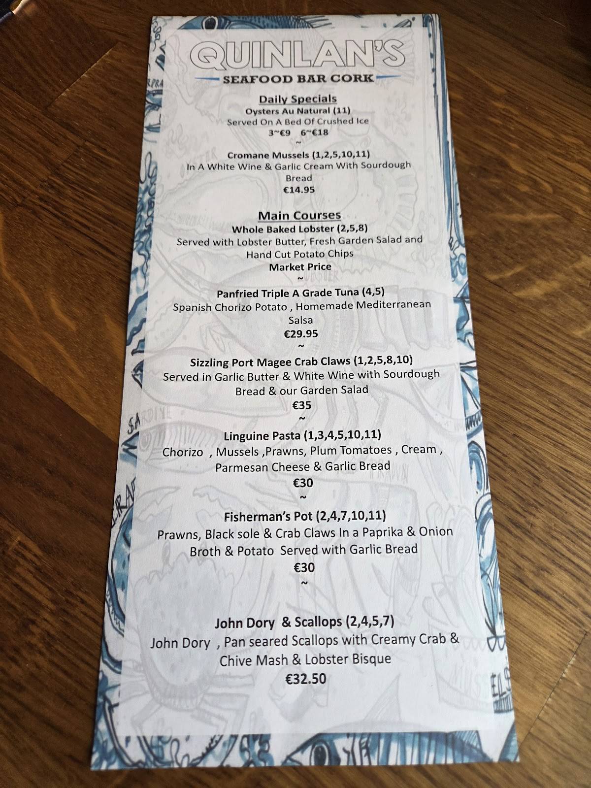 Menu at Quinlans Seafood Bar Cork, Cork