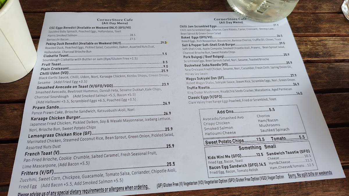 Menu at Corner Store Cafe, Dulwich