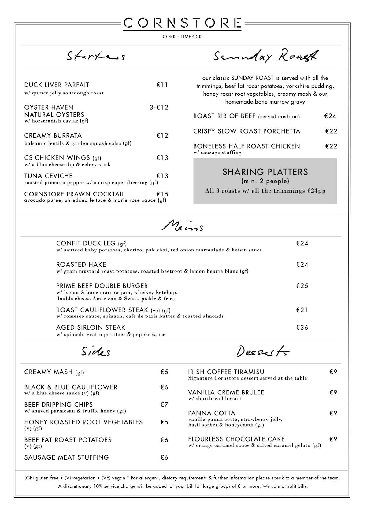 Menu at Cornstore Cork pub & bar, Cork, 41-43 Cornmarket St
