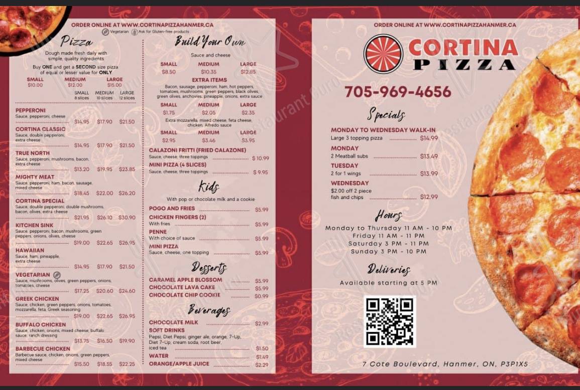 Menu at Cortina Pizza Hanmer pizzeria, Sudbury