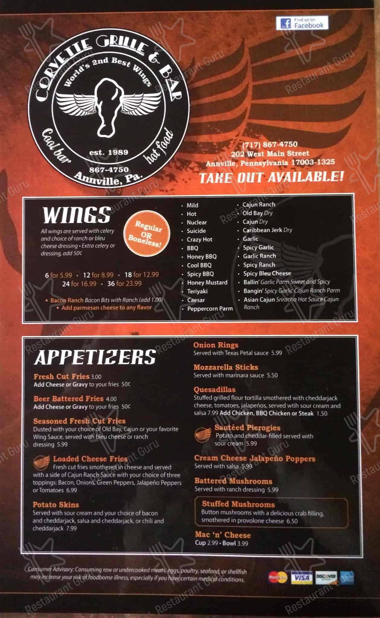 Menu at Corvette Grille pub & bar, Annville