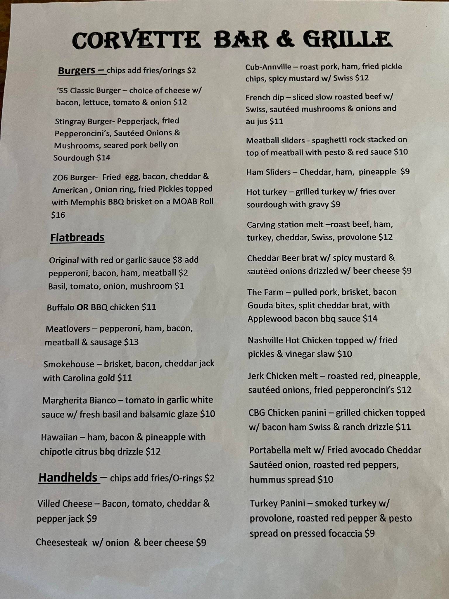 Menu at Corvette Grille pub & bar, Annville