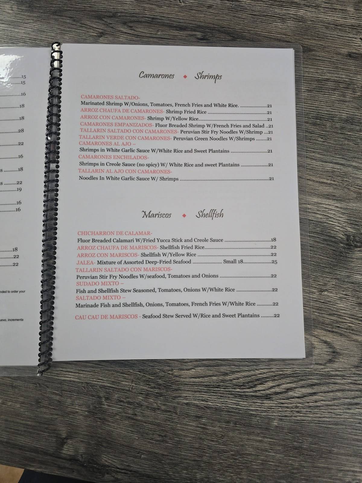 Menu at Costa Peruana restaurant, Hialeah