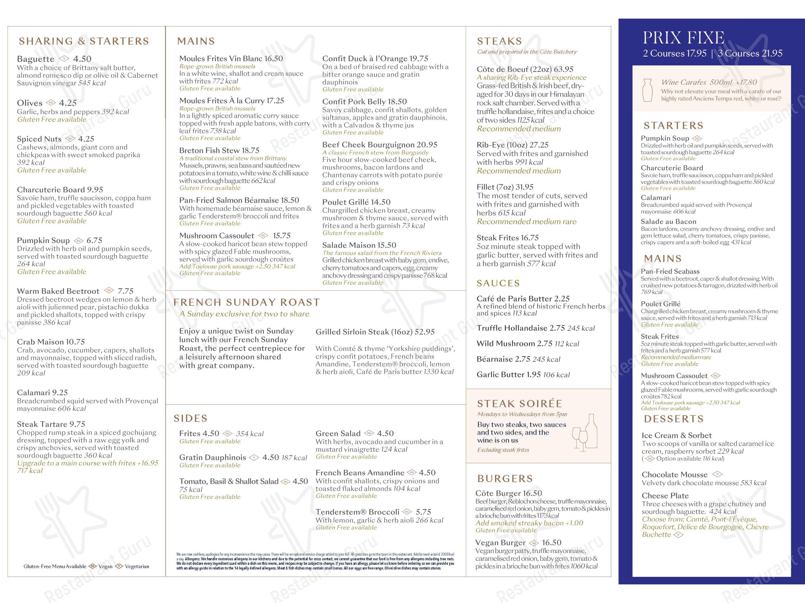 Menu at Côte Exeter restaurant, Exeter