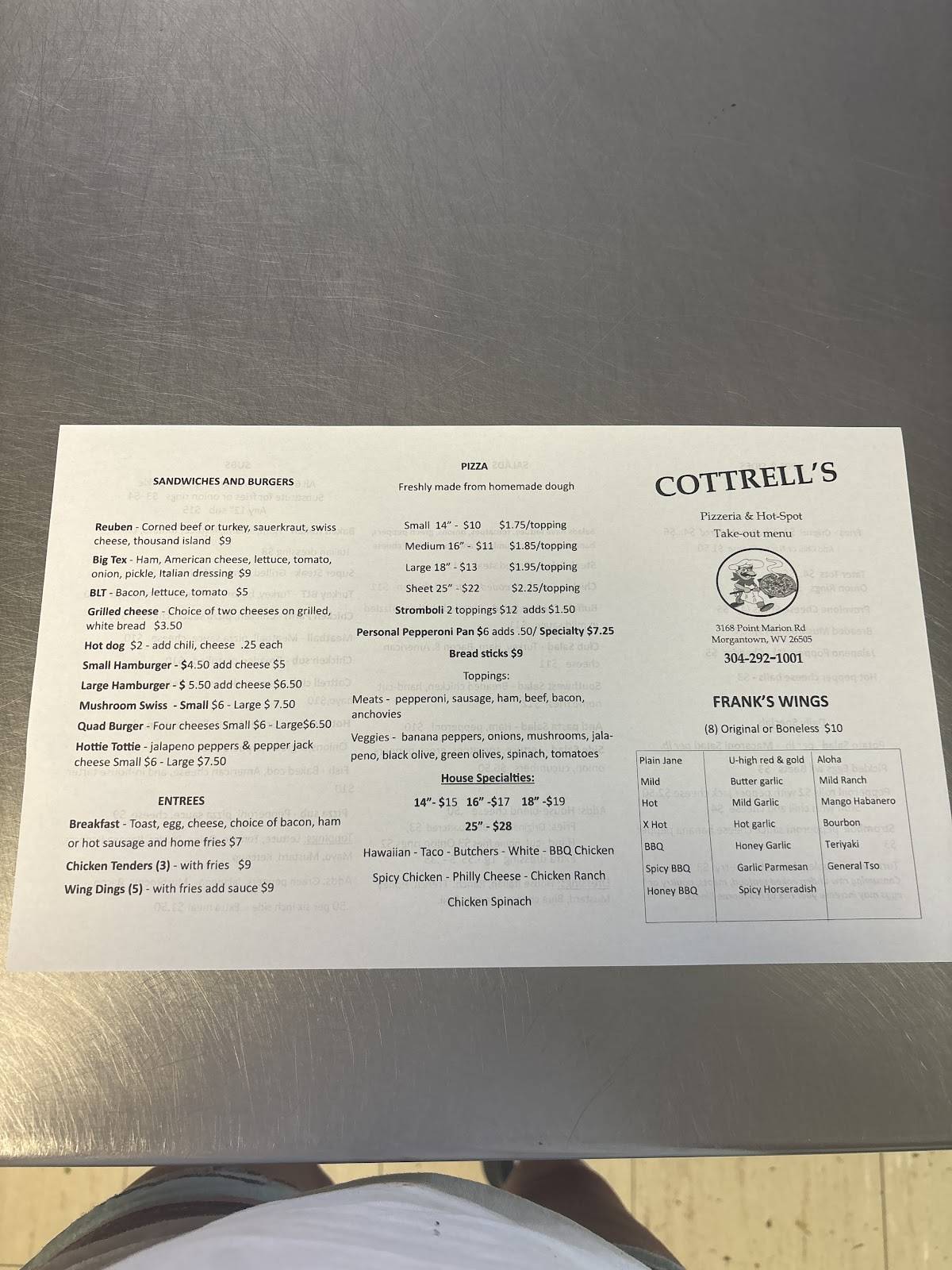 Menu at Cottrell's Country Store pizzeria, Morgantown