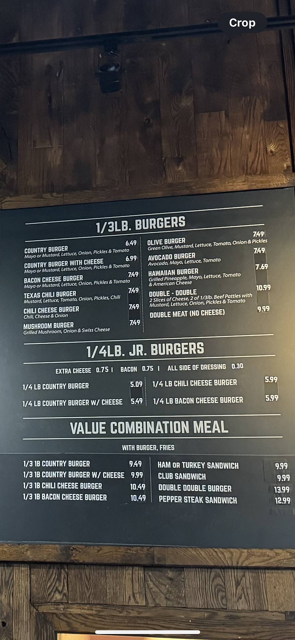 Carta del restaurante Country Burger, Forney