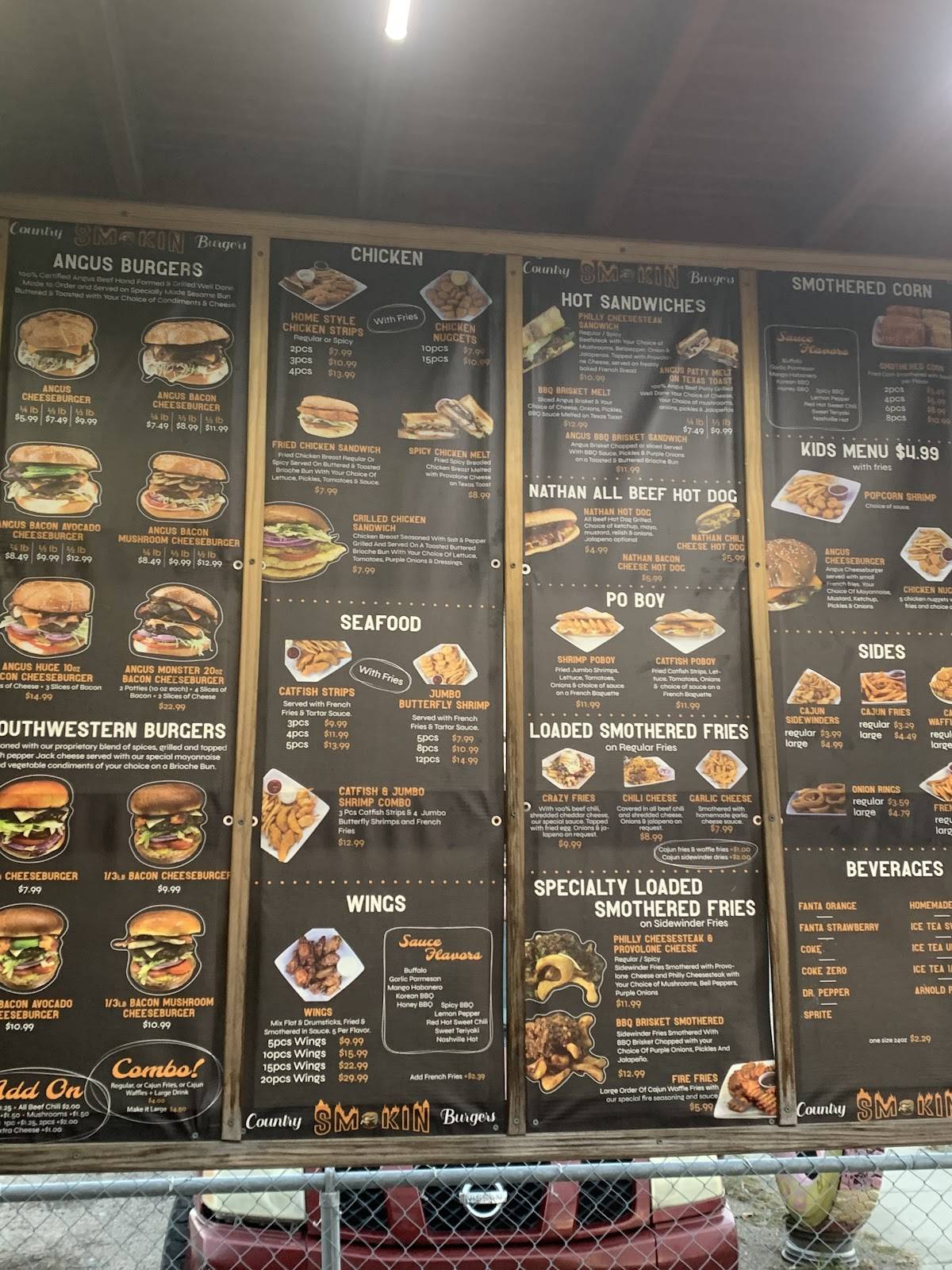 Menu at Country Smokin Burgers restaurant, Humble