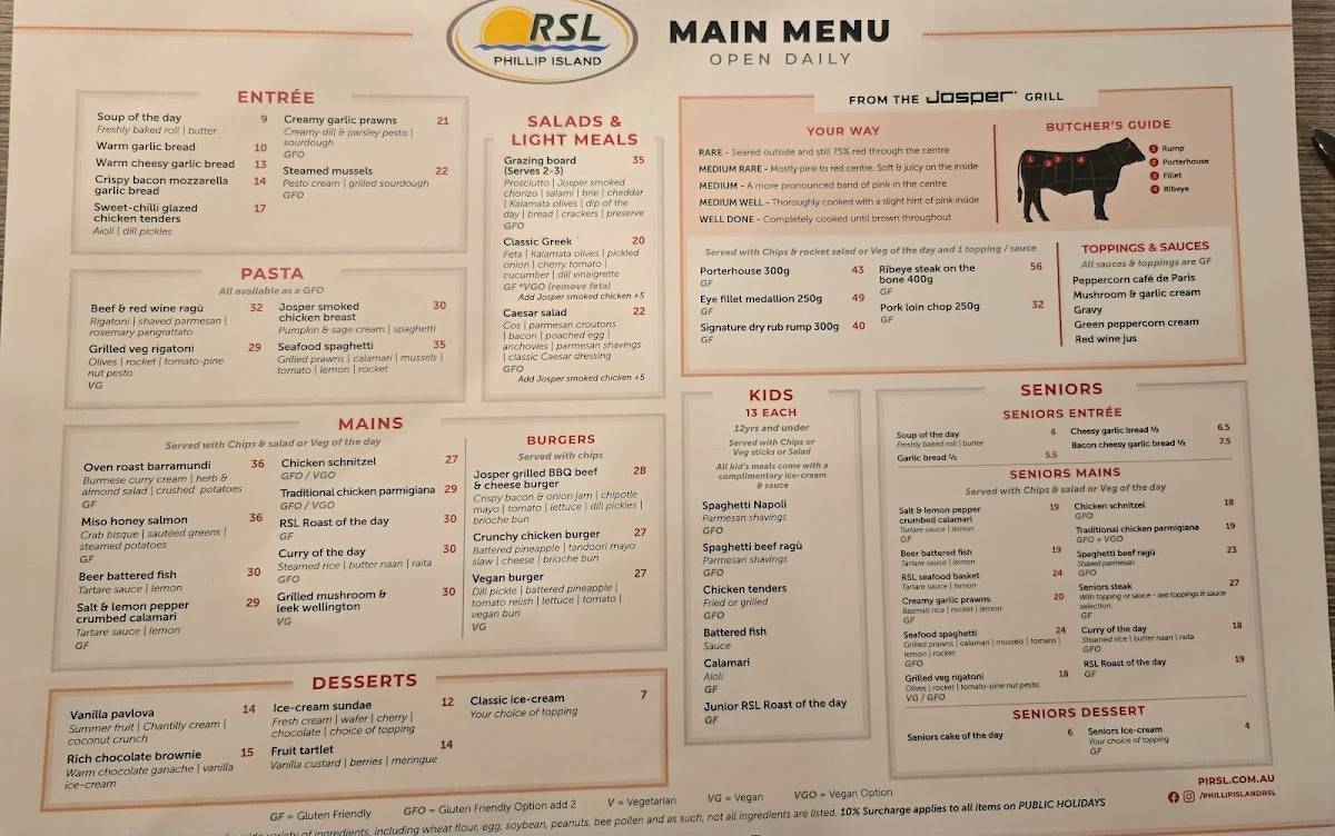 Menu at Phillip Island RSL Sub Branch - Lone Pine Bistro pub & bar, Cowes