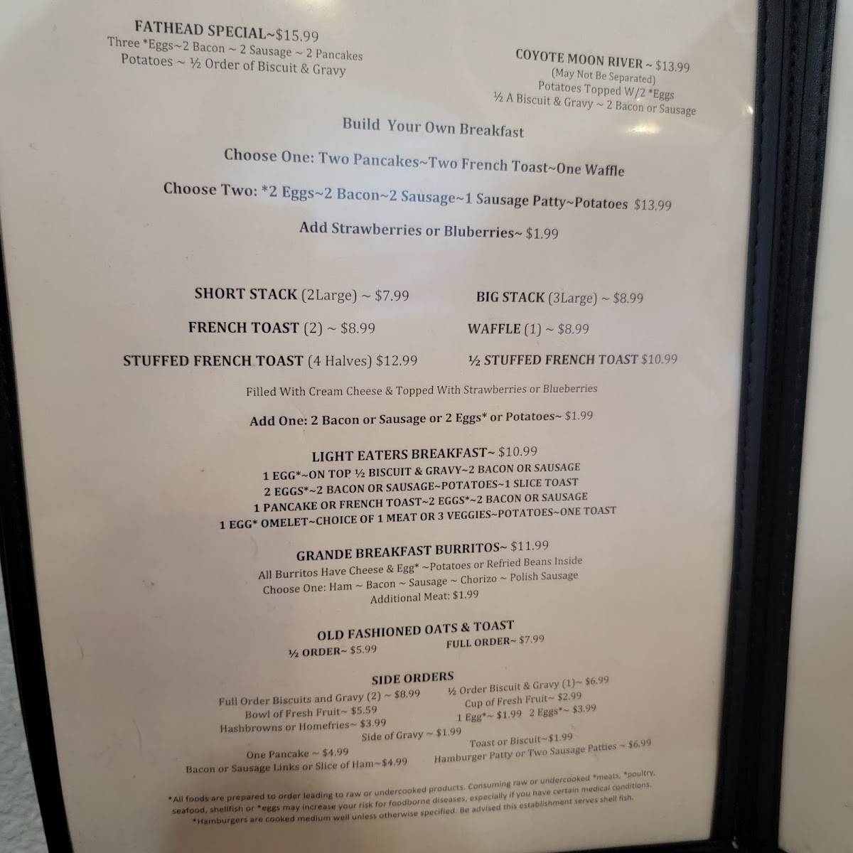 Menu at Coyote Cafe, Bullhead City