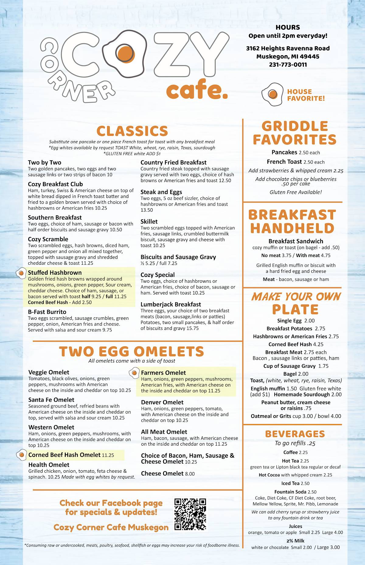 Menu at Cozy Corner Cafe, Muskegon, Heights Ravenna Rd