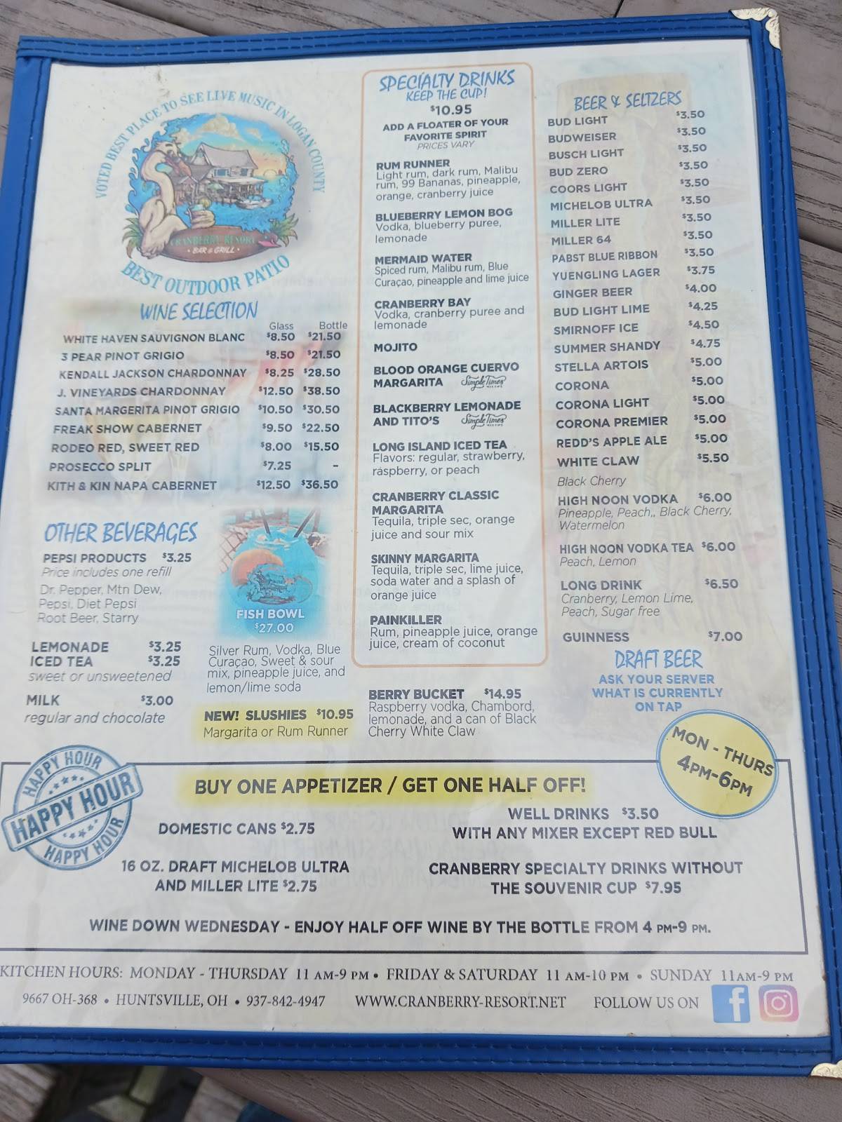 Menu at Cranberry Resort Waterfront Bar & Grill, Russells Point