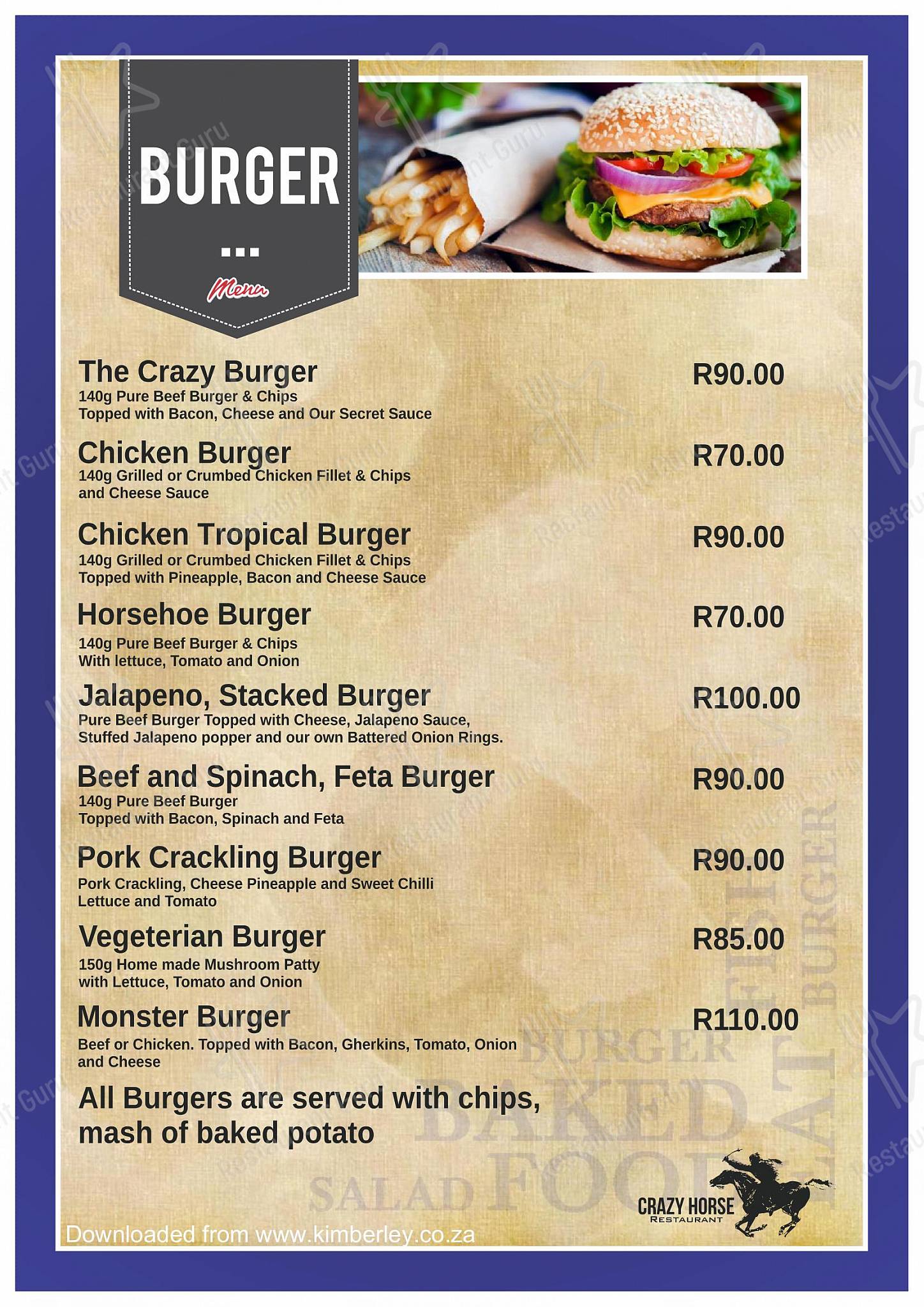 Menu at Horseshoe Inn restaurant, Kimberley