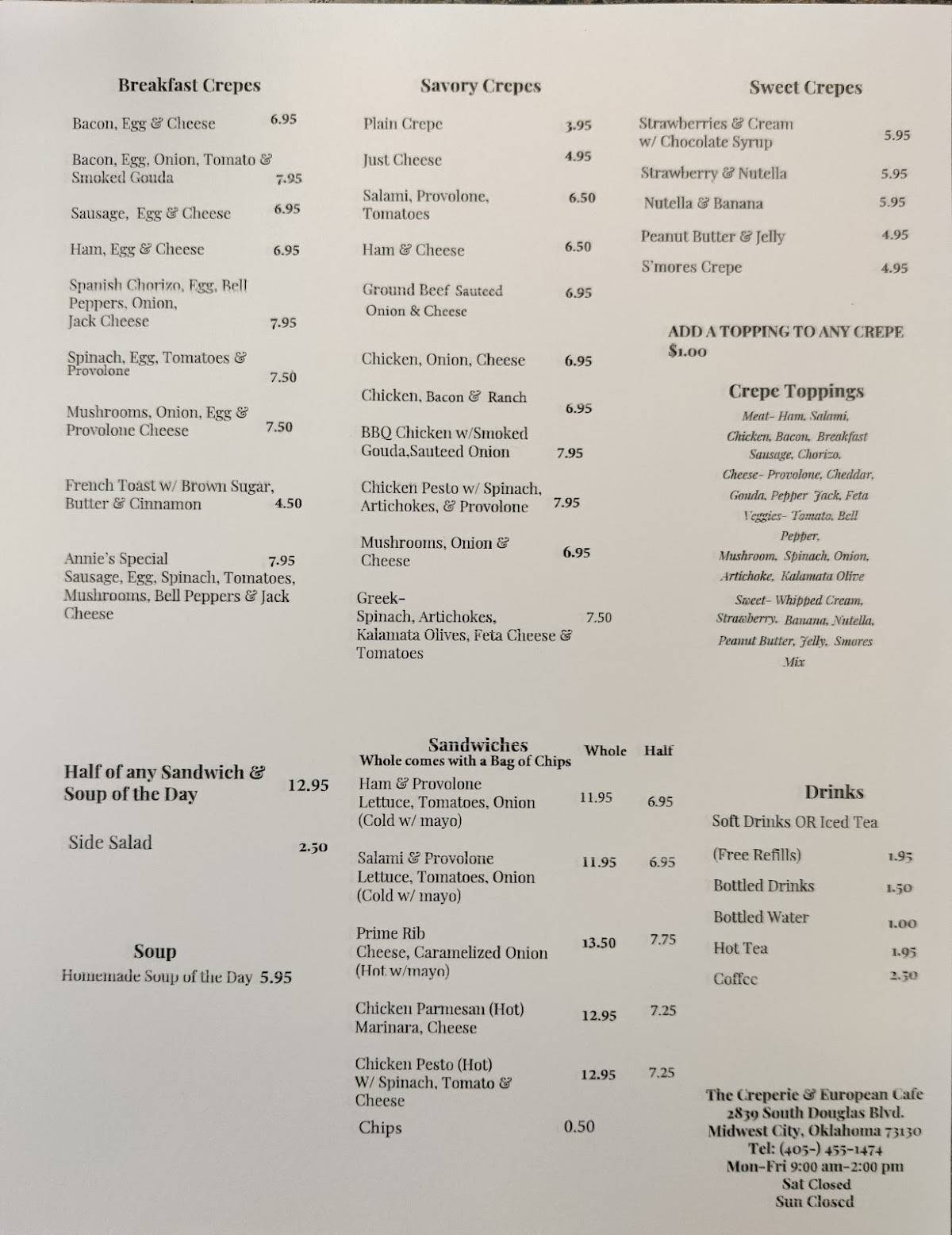 Menu at Creperie & European Cafe, Midwest City