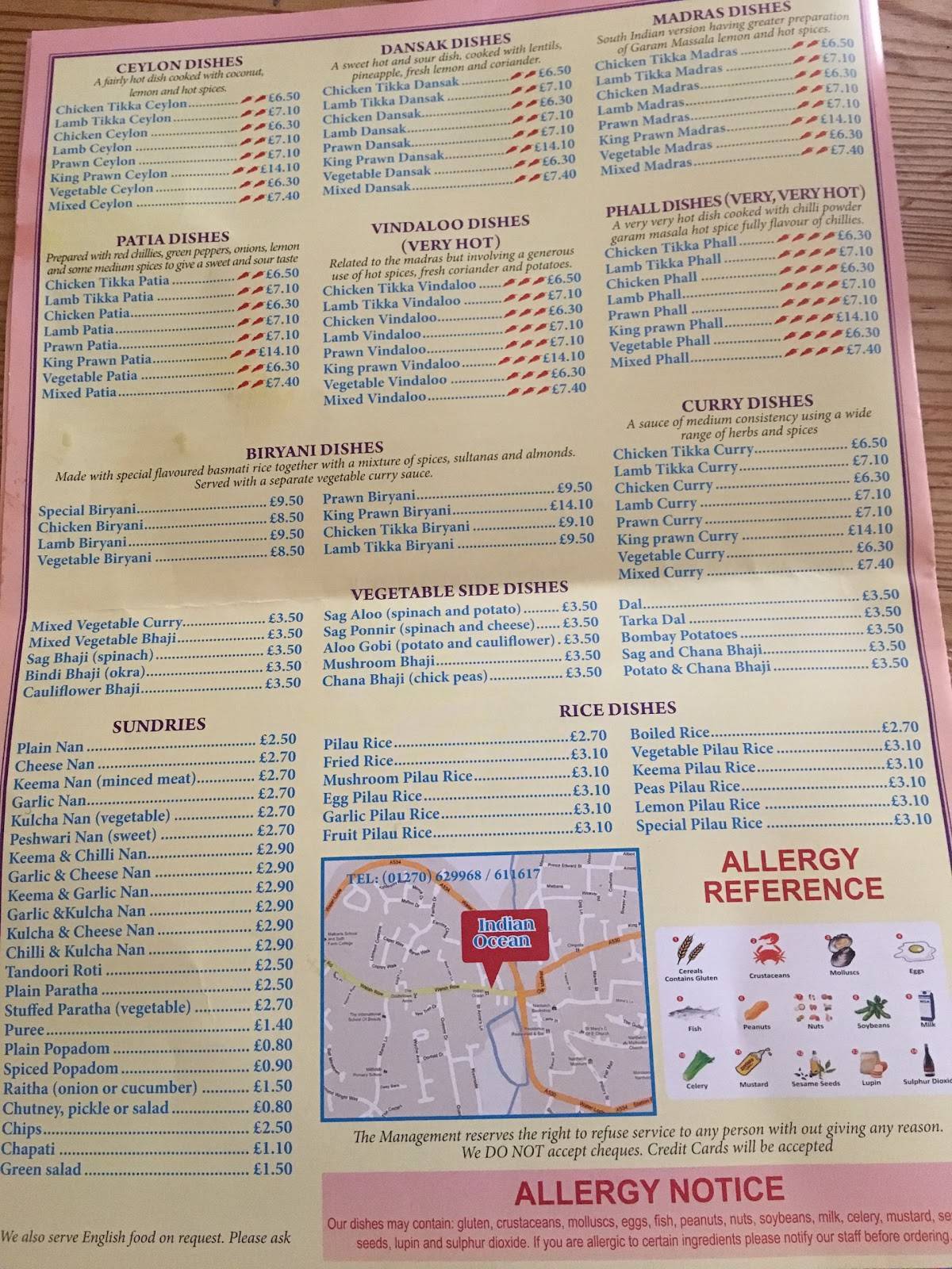 Menu at Indian Ocean restaurant, Nantwich