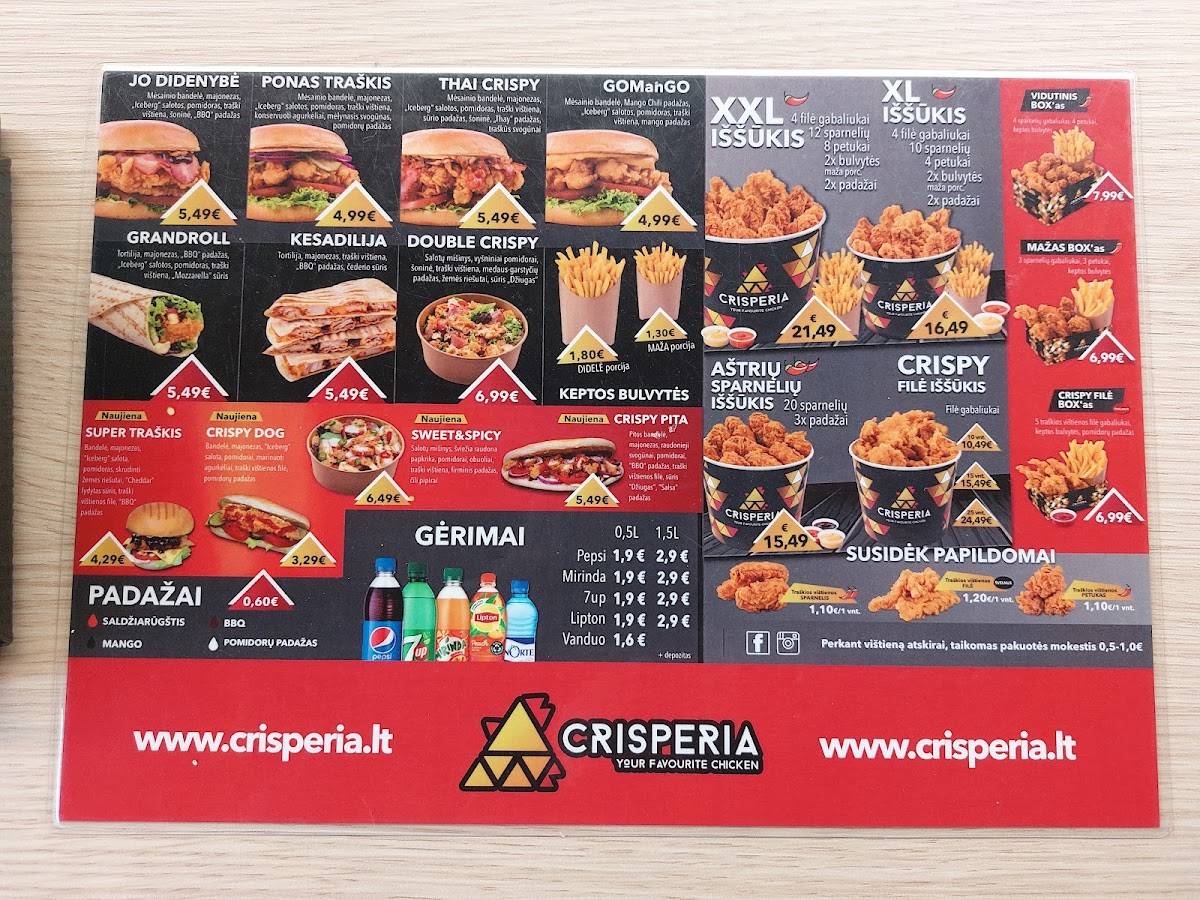 Menu at Crisperia restaurant, Elektrėnai