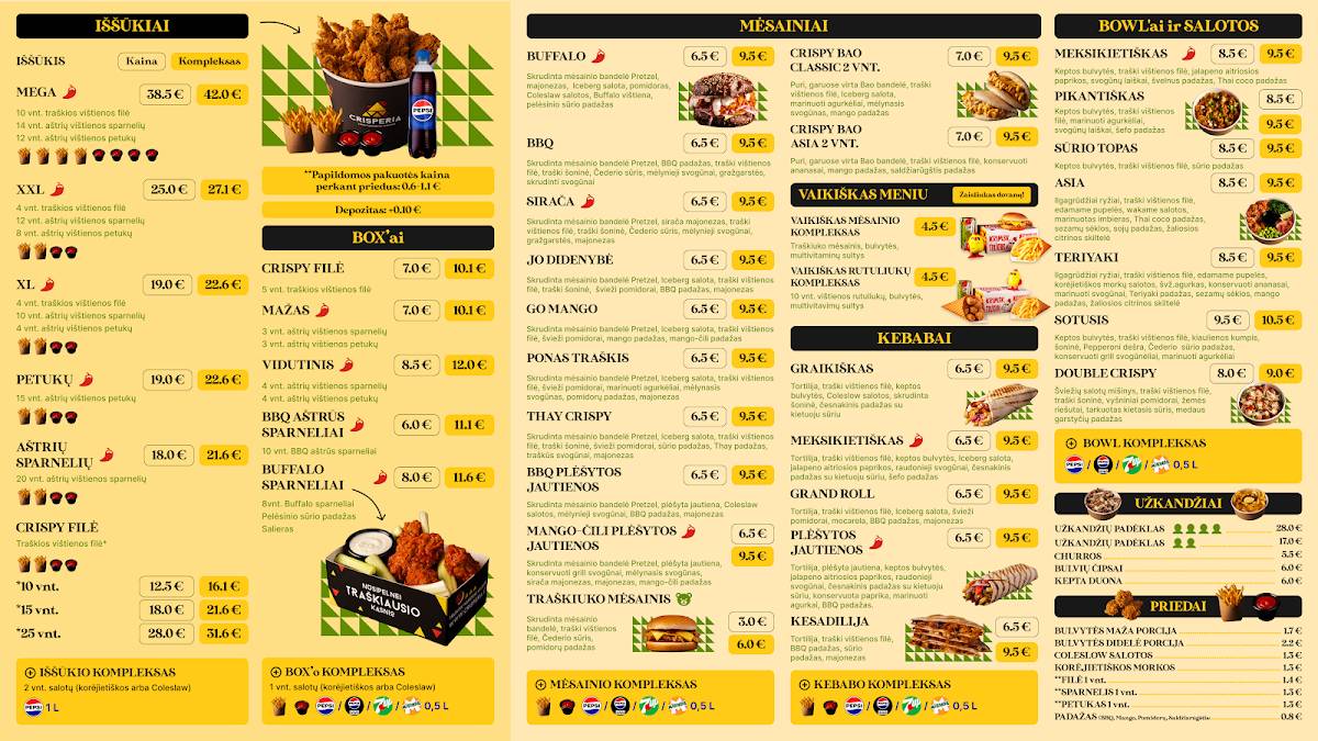 Menu at Crisperia restaurant, Elektrėnai