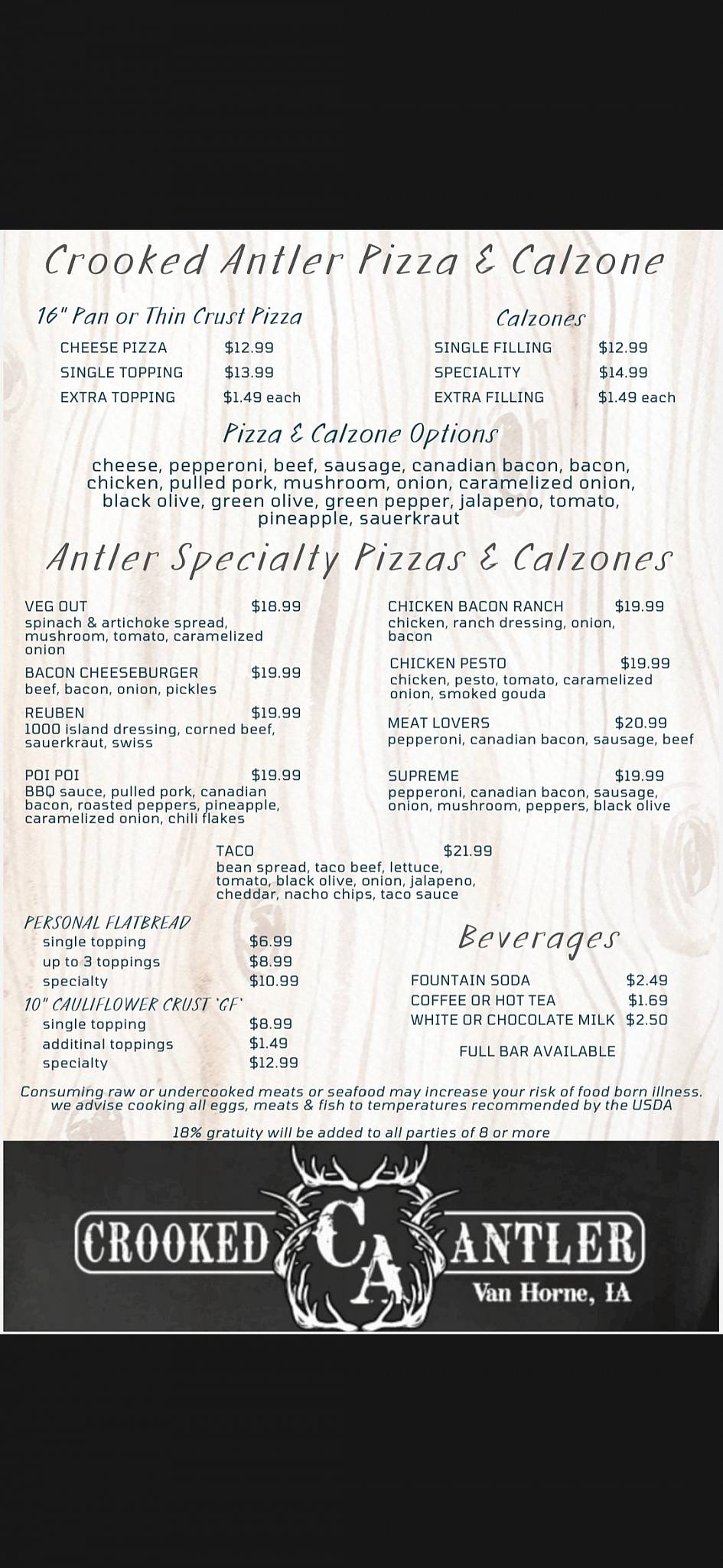 Menu at Crooked Antler pizzeria, Van Horne