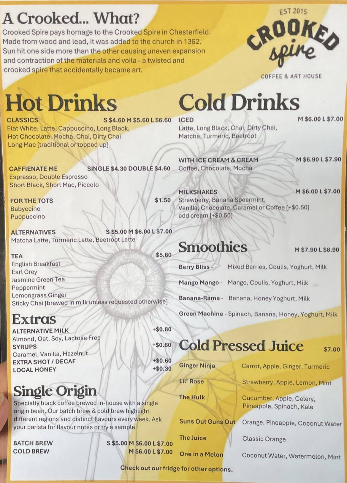 Menu at Crooked Spire Coffee & Art House Midland cafe, Midland
