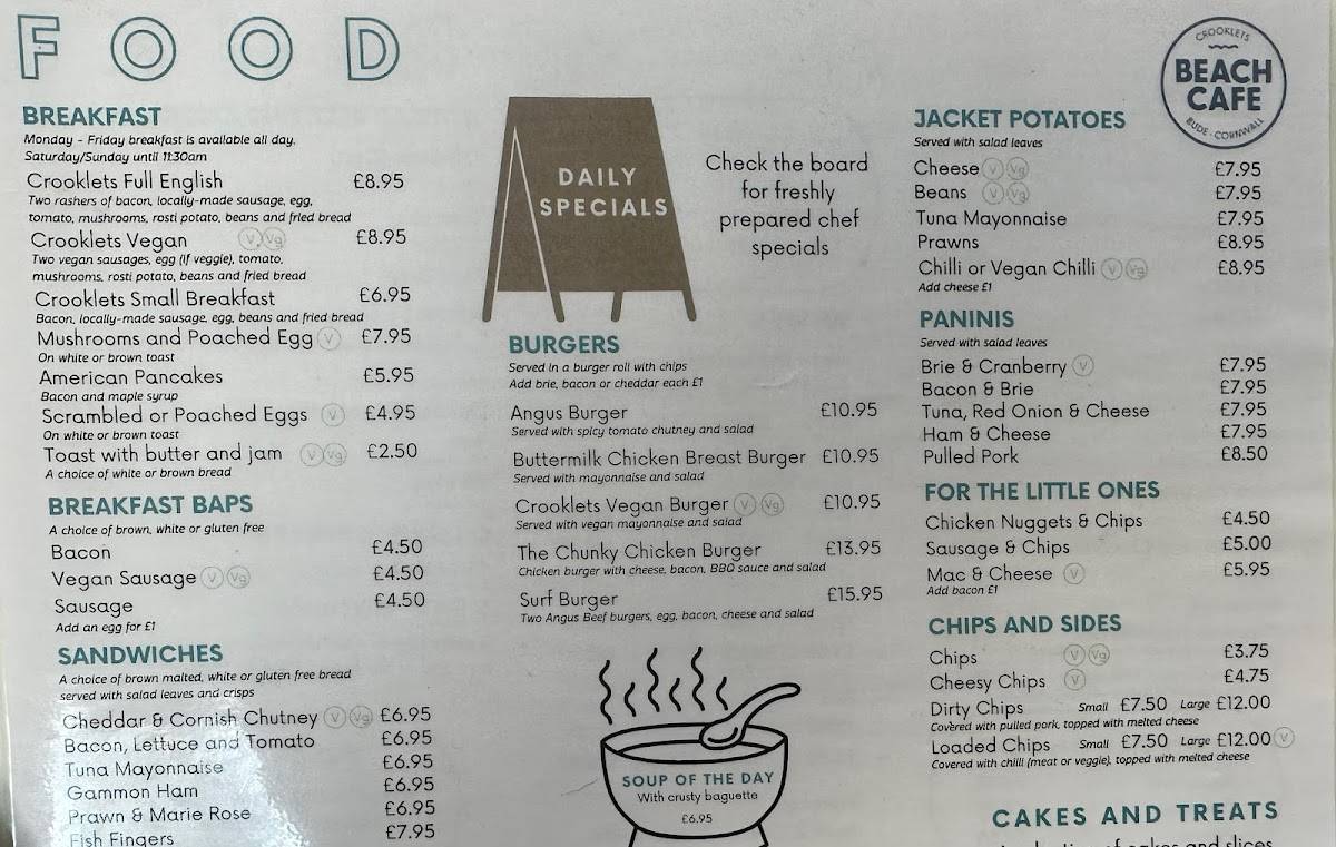 Menu at Crooklets Beach Cafe, Bude, Crooklets