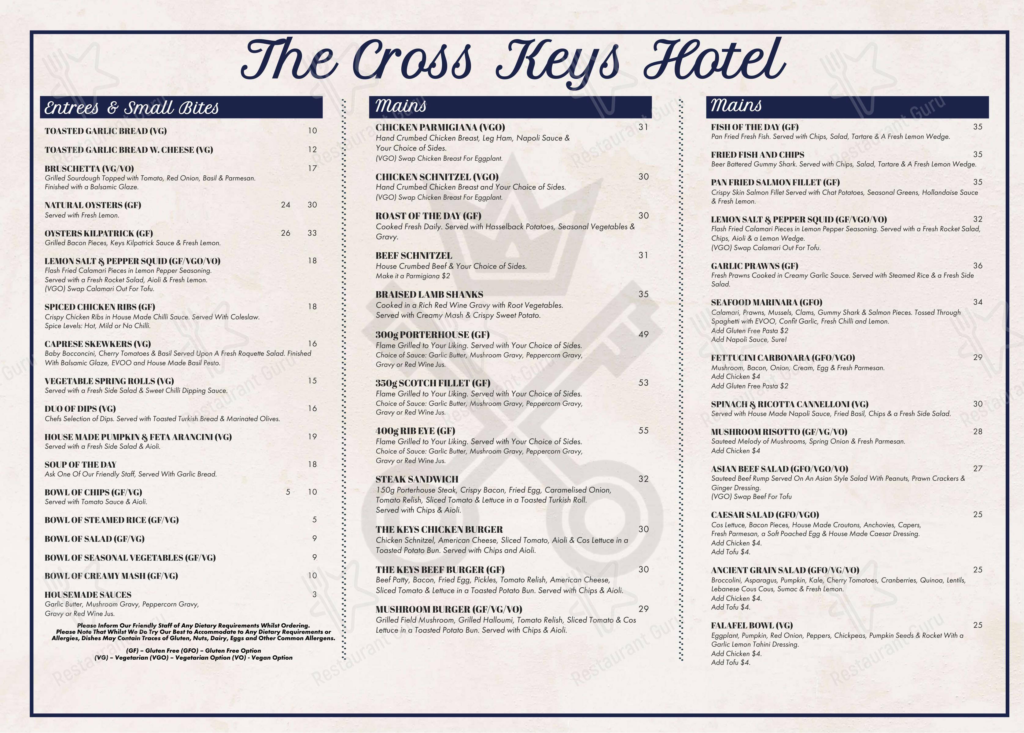 Menu at Cross Keys Hotel restaurant, Essendon