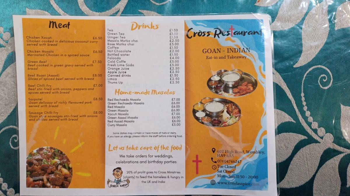 Menu at Cross Restaurant, Wembley