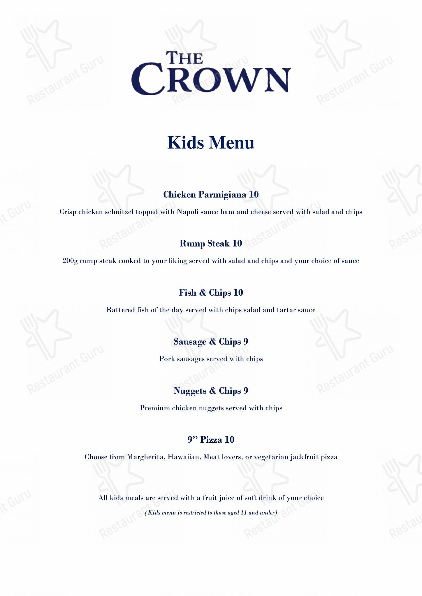 Menu at The Crown Hotel pub & bar, Cairns City