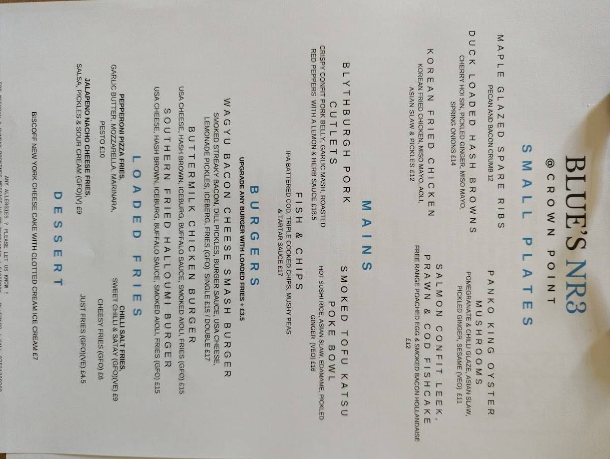 Menu at Crown Point Tavern pub & bar, Trowse Newton, Kirby Rd