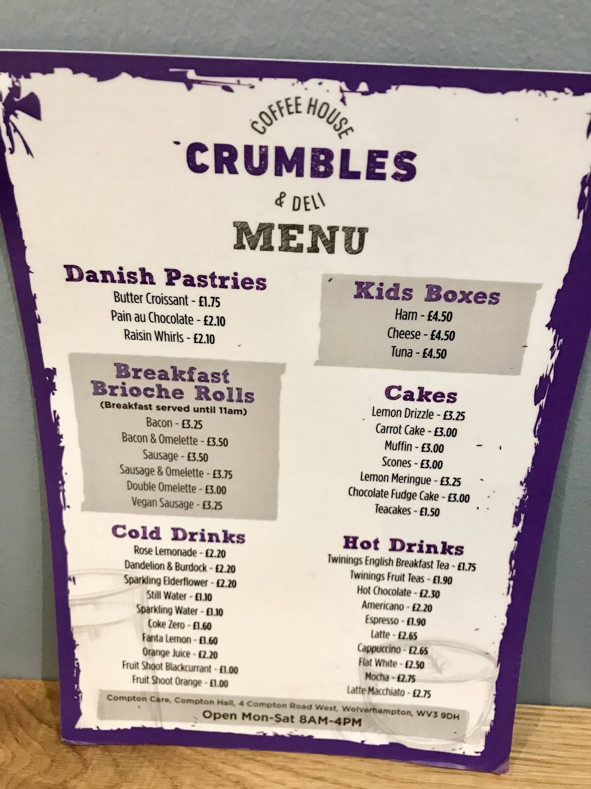 Menu at Crumbles fast food, Wolverhampton