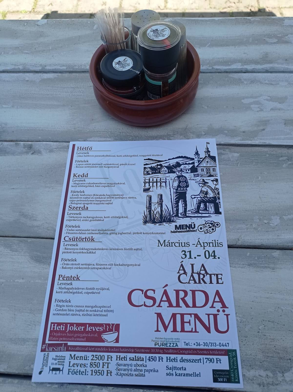 Menu at Kőcsárda restaurant, Csongrád