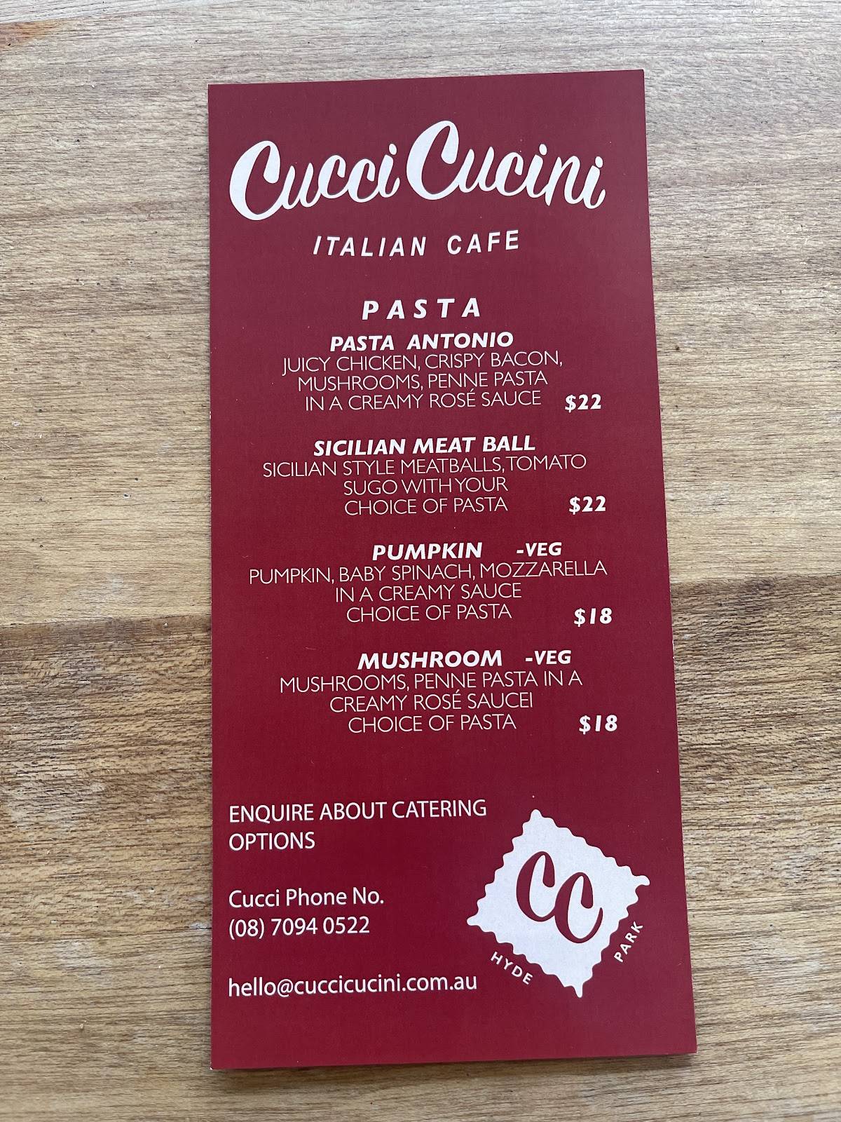 Menu at Cucci Cucini Cafe, Unley