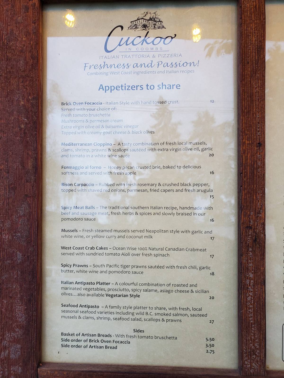 Menu at Cuckoo Trattoria and Pizzeria, Coombs
