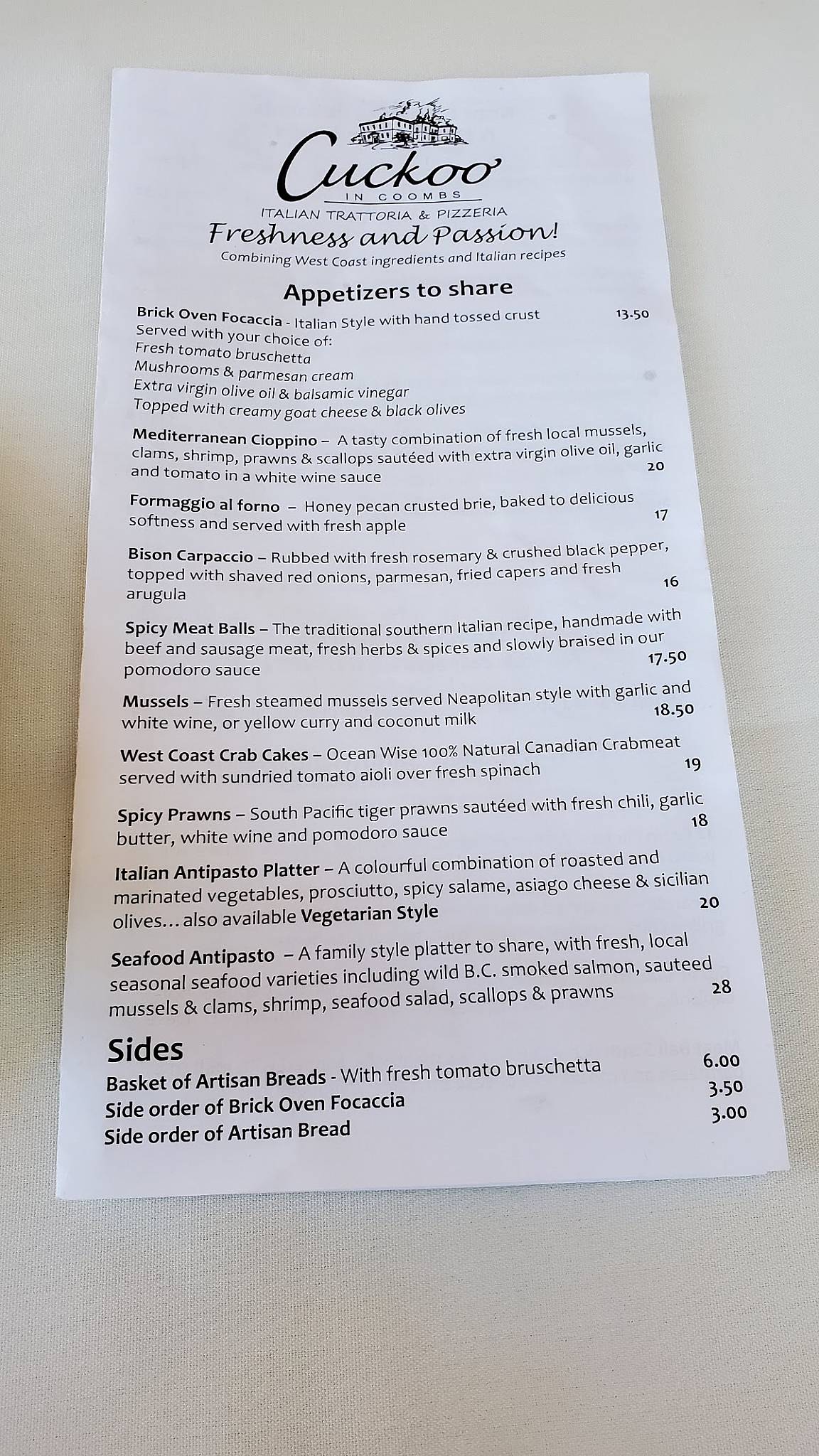 Menu at Cuckoo Trattoria and Pizzeria, Coombs