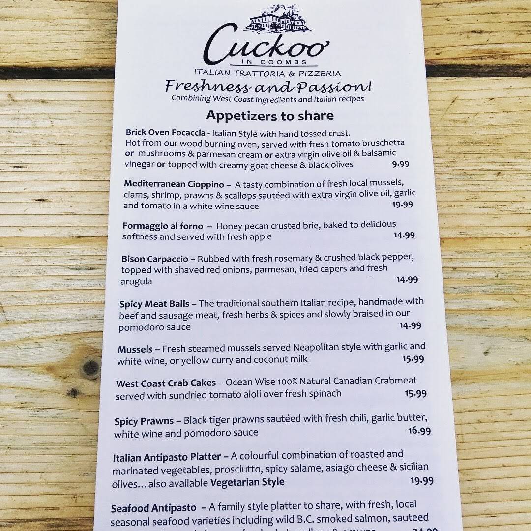 Menu at Cuckoo Trattoria and Pizzeria, Coombs