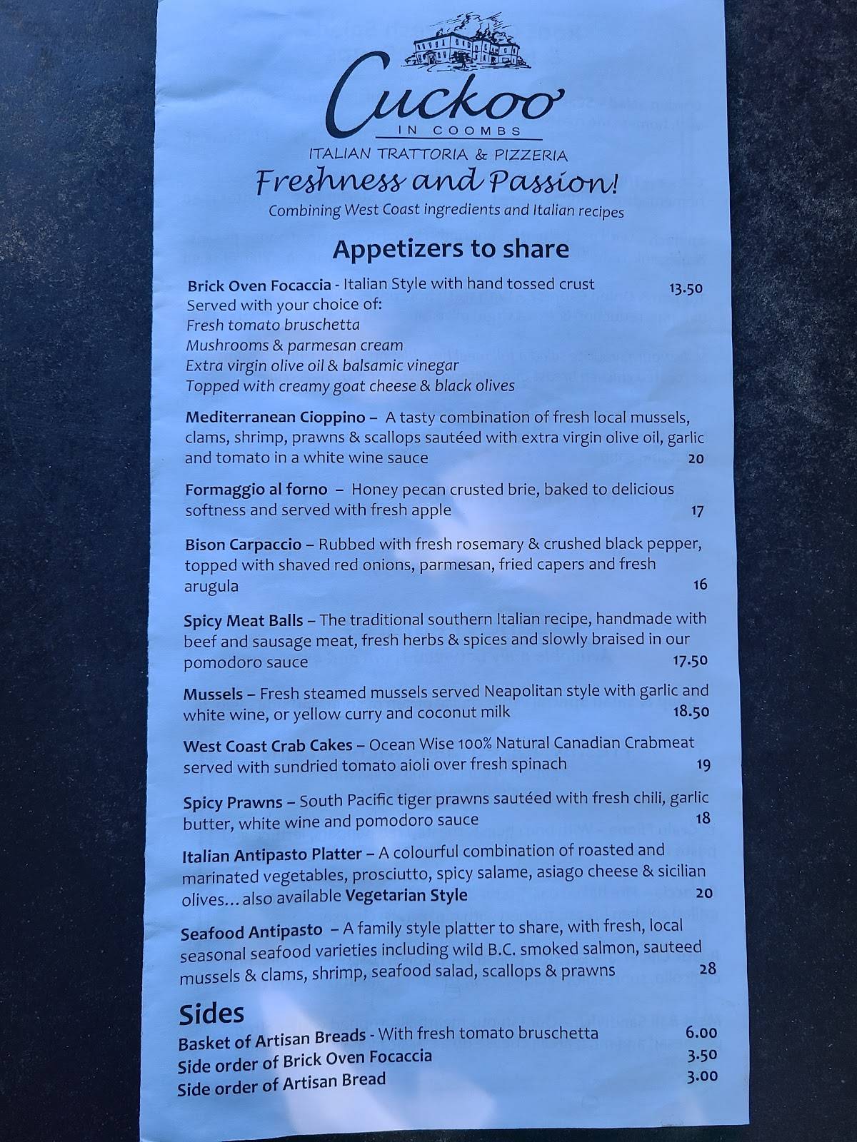 Menu at Cuckoo Trattoria and Pizzeria, Coombs