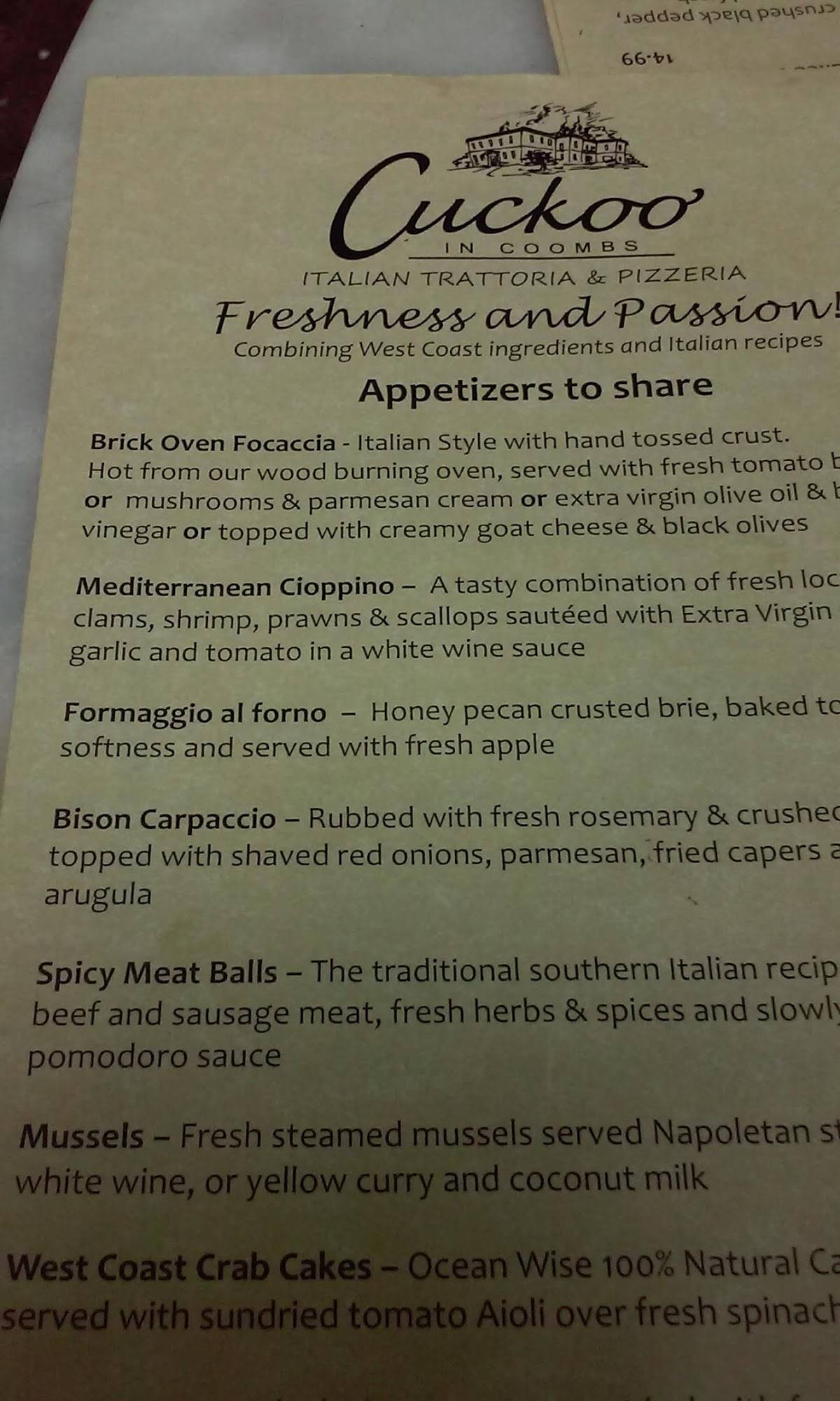 Menu at Cuckoo Trattoria and Pizzeria, Coombs