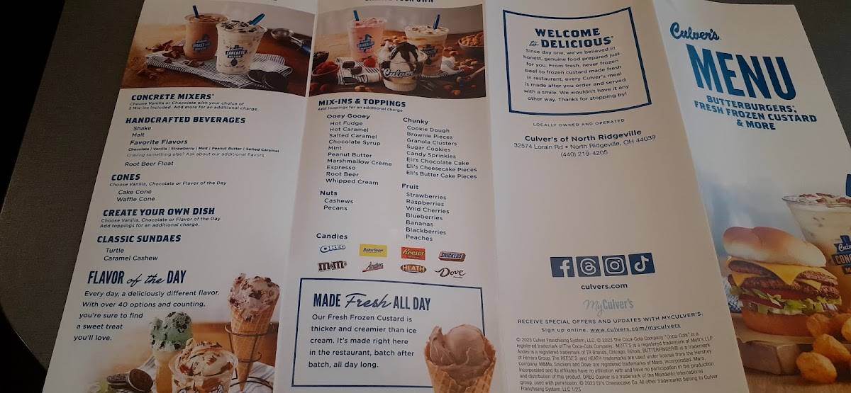 Menu at Culver’s fast food, North Ridgeville