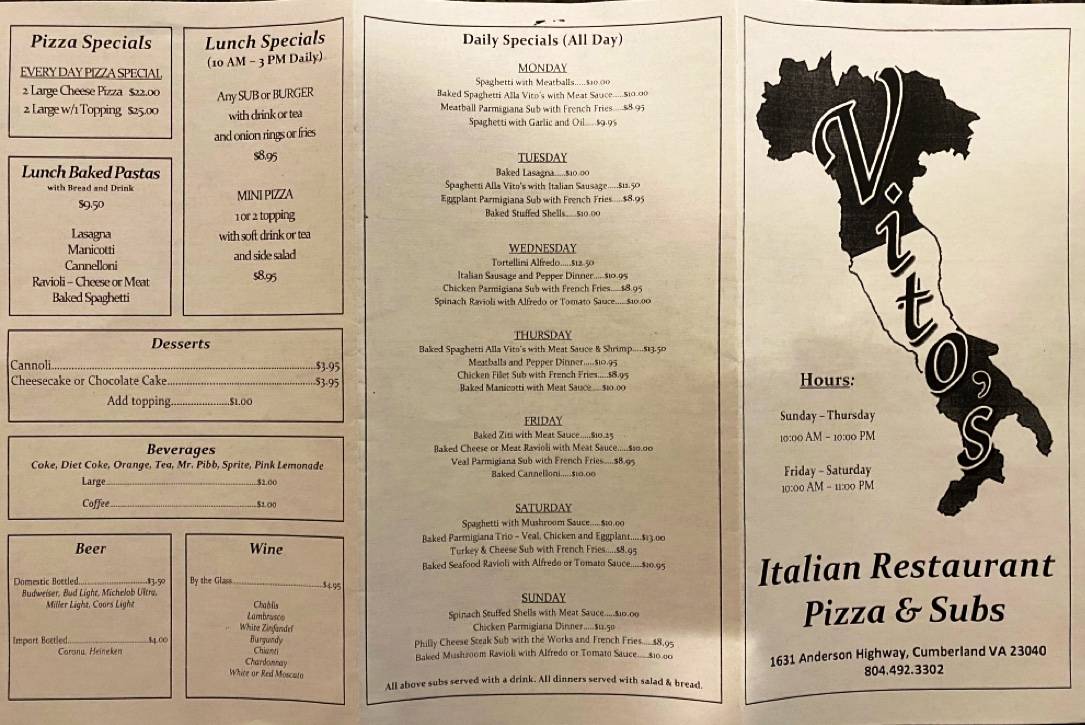 Menu at Vito's Italian Restaurant & Pizzeria, Cumberland