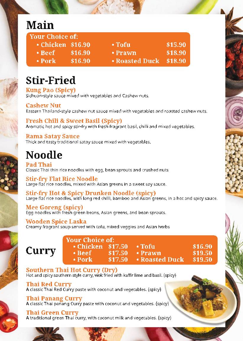 Menu at Wooden Spice restaurant, North Curl Curl
