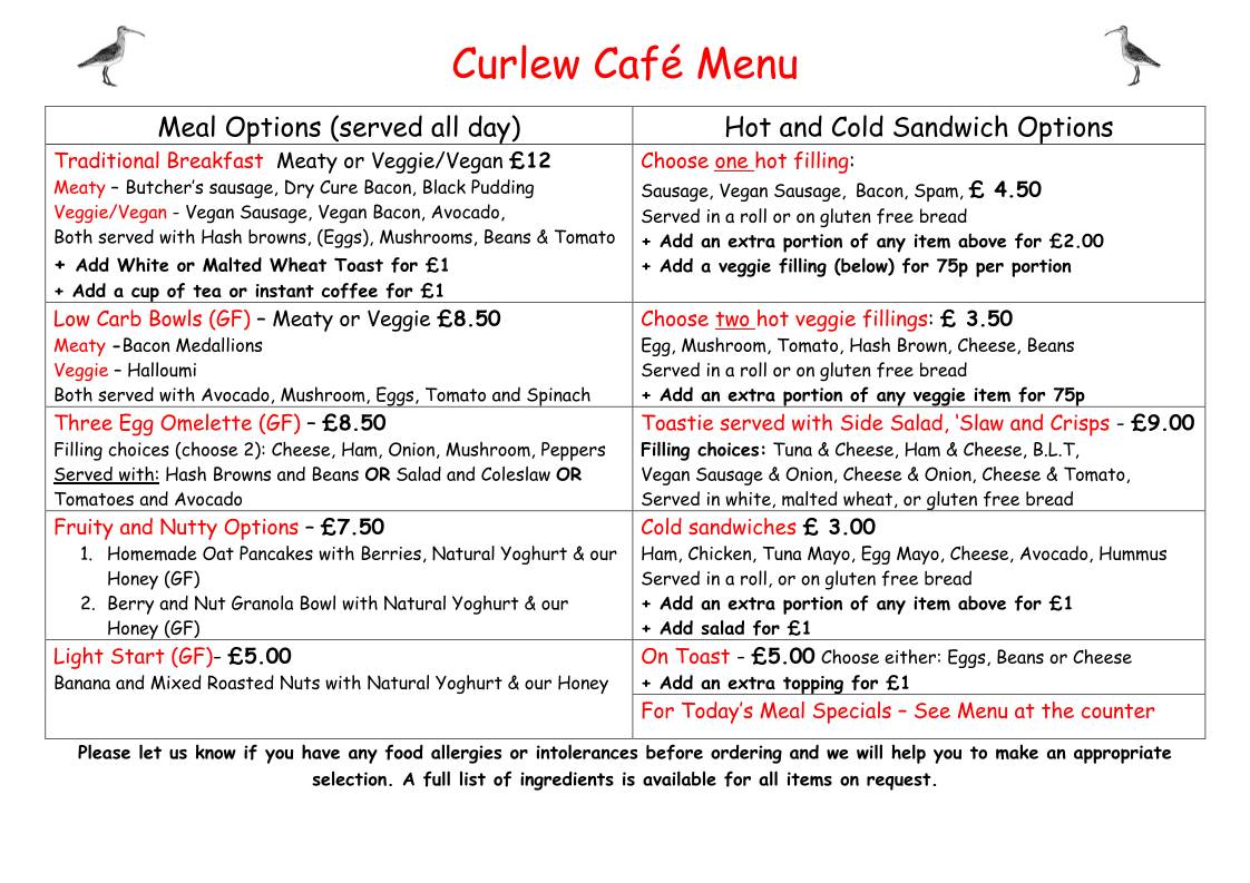 Menu at Curlew Cafe, Ilkley