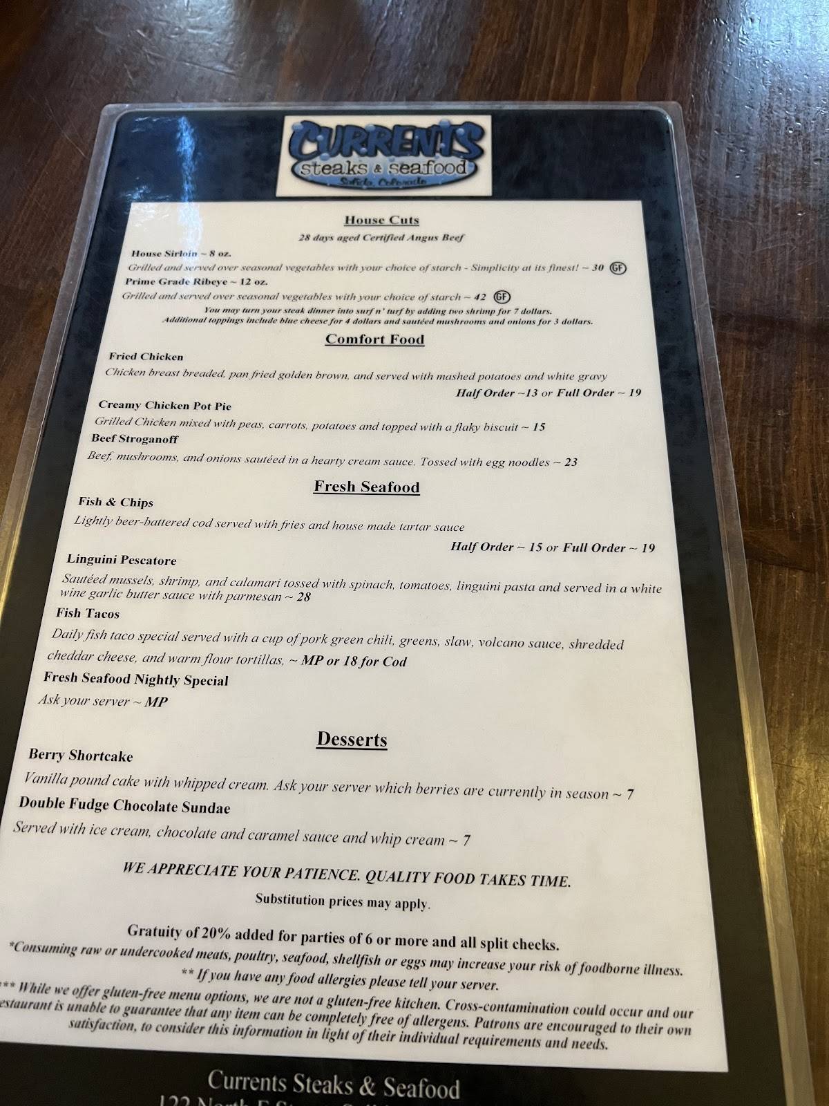 Menu at Currents Restaurant, Salida