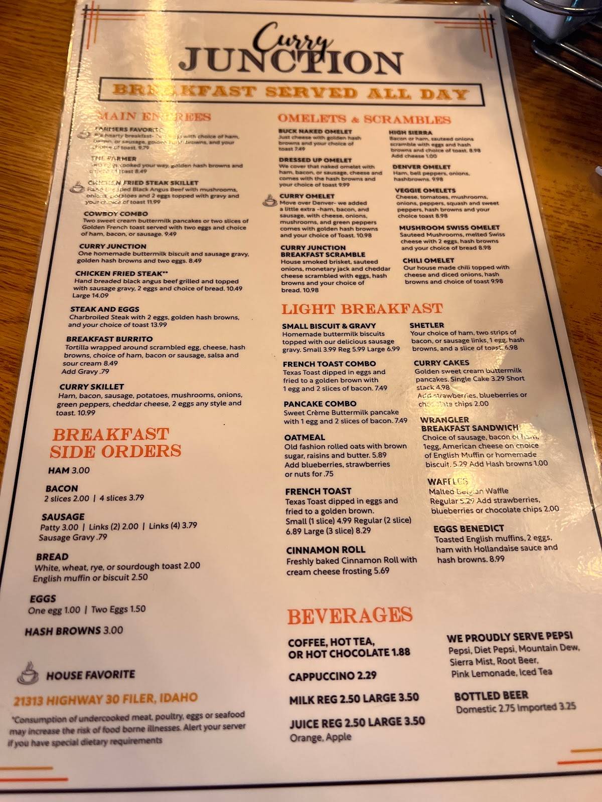 Menu at Curry Junction Restaurant, Twin Falls