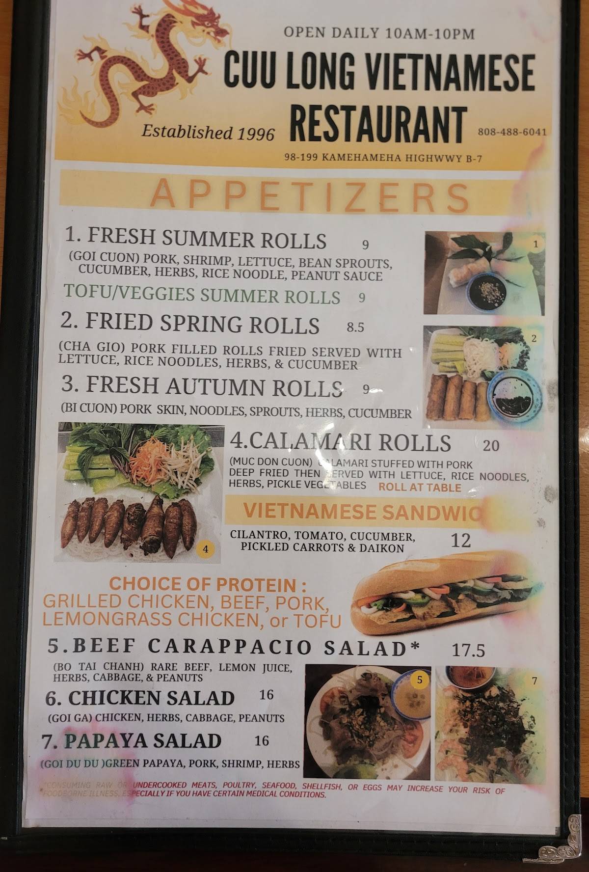 Menu at Cuu Long Vietnamese Restaurant, Aiea