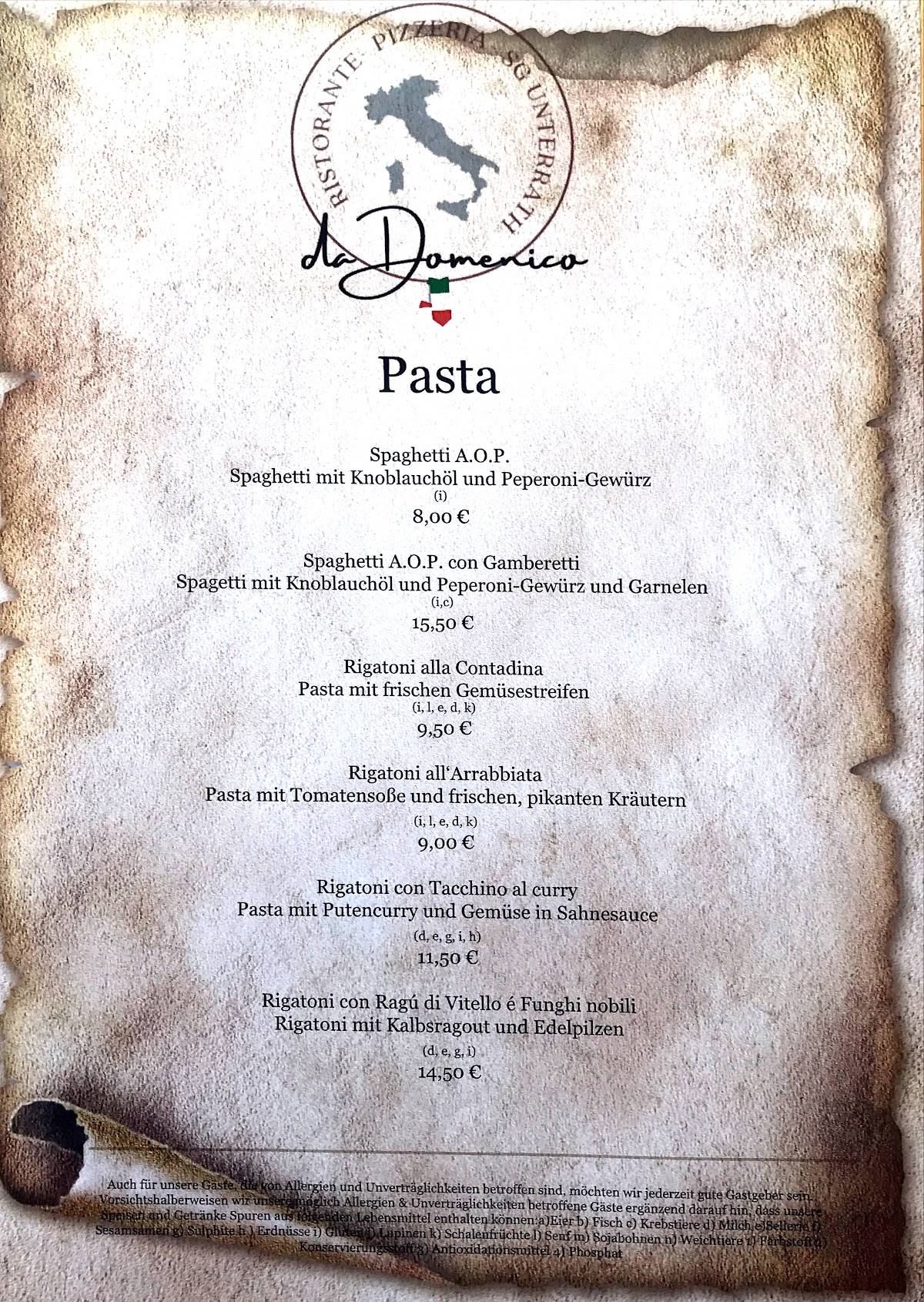 Speisekarte von RistorantePizzeriaSG Unterrath da Domenico Restaurant ...