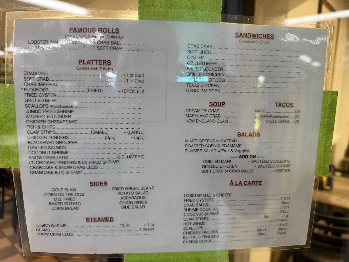 Menu at DB's Seafood Co restaurant, Bethany Beach