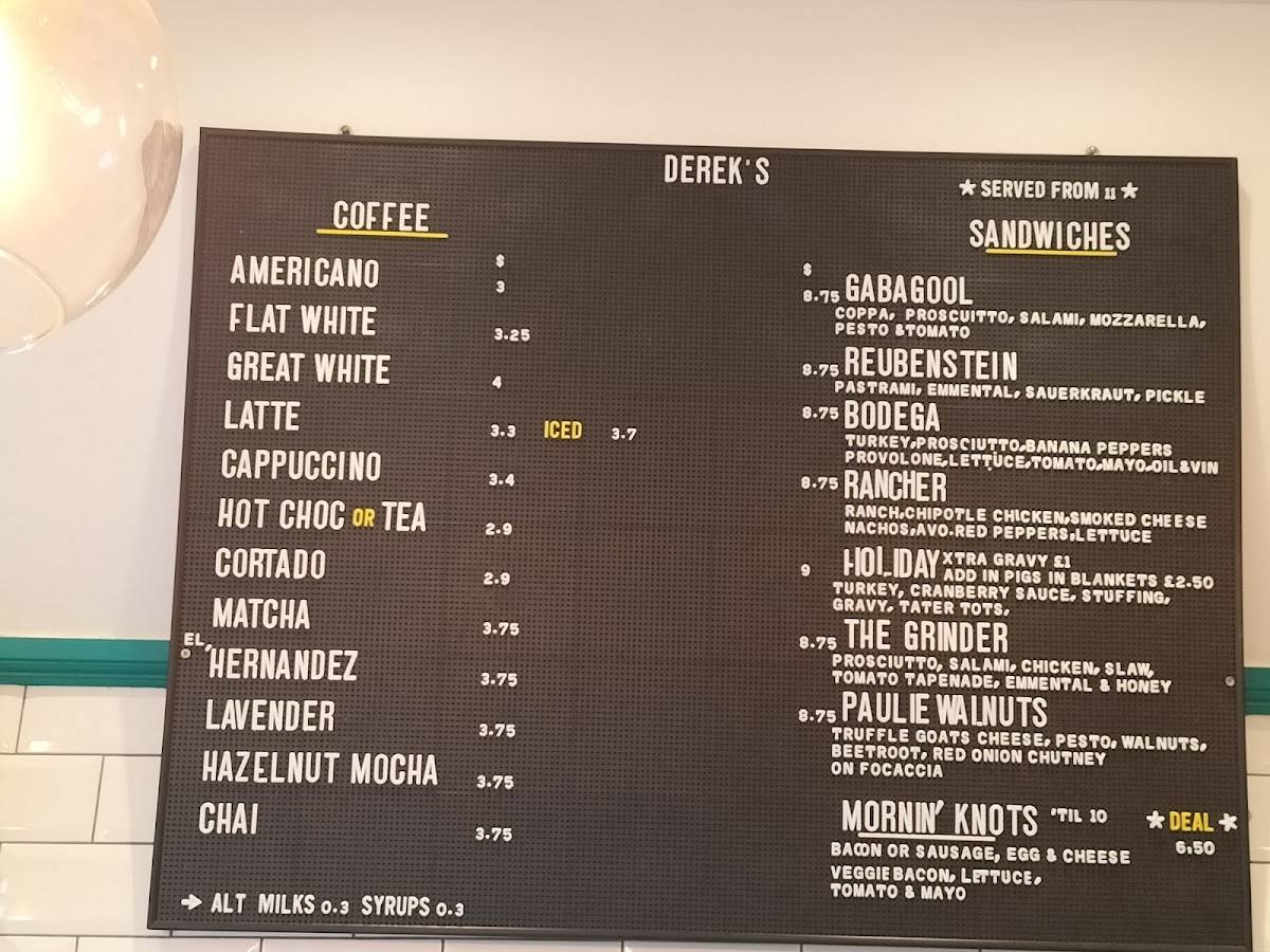 Menu at DEREK'S Coffee & Sandwiches cafe, Liverpool