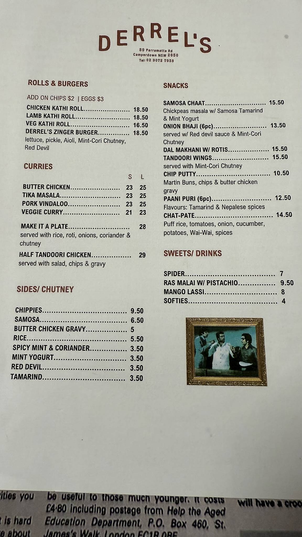Menu at DERREL’S restaurant, Camperdown