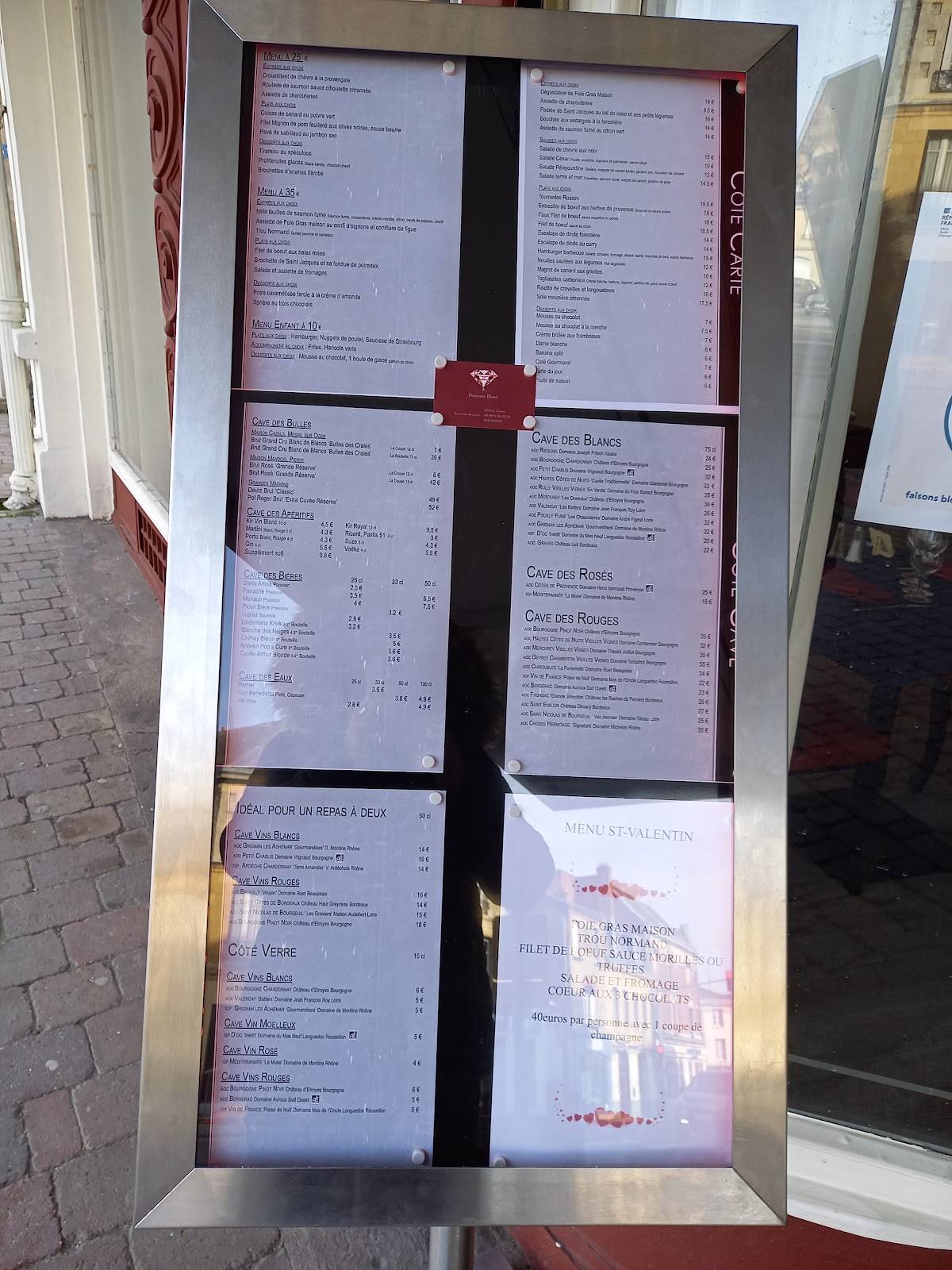 Menu au DIAMANT BLANC restaurant, Vouziers