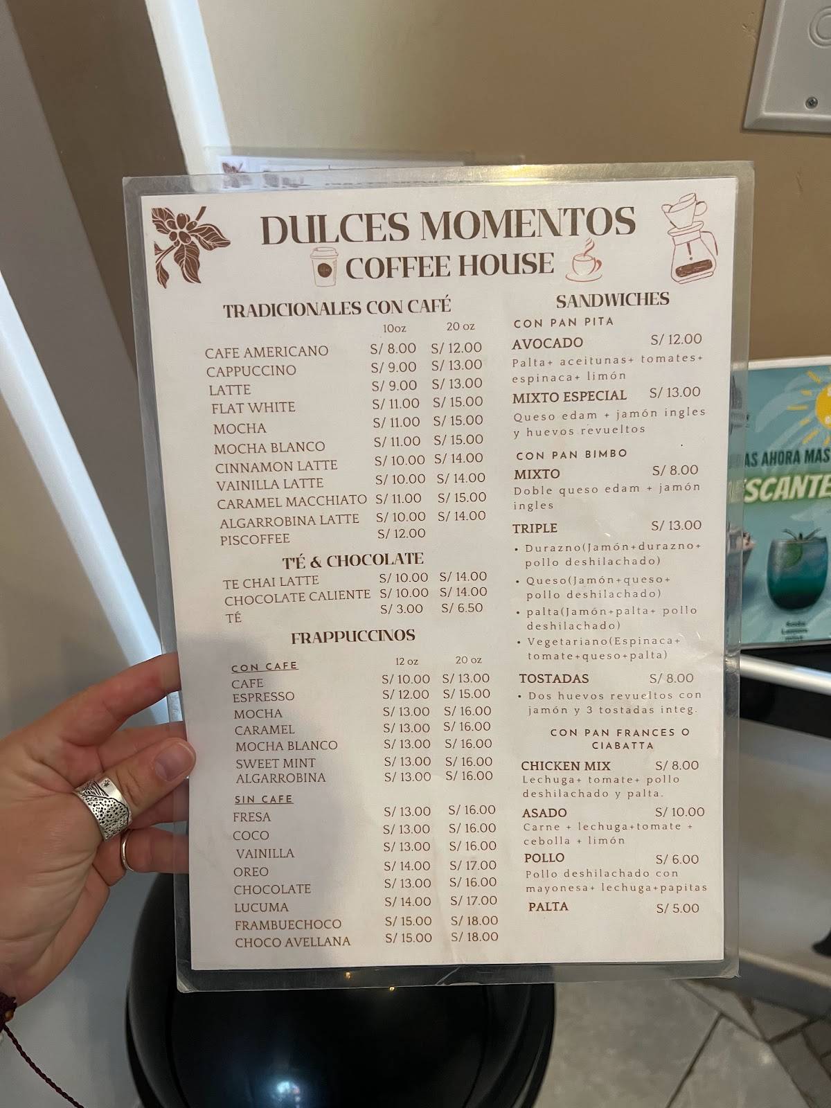 Carta de DULCES MOMENTOS COFFEE HOUSE, Nasca