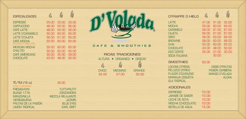 Carta del café D'Volada, Tijuana, Blvd. Agua Caliente 9150