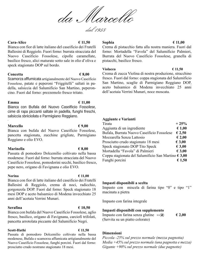 Menu at Da Marcello restaurant, Carpi